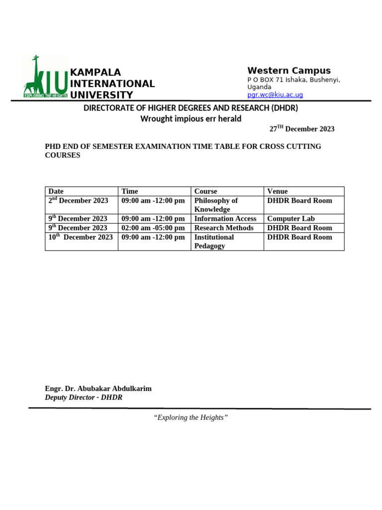 PhD Exam Timetable for Cross Cutting Courses | PDF