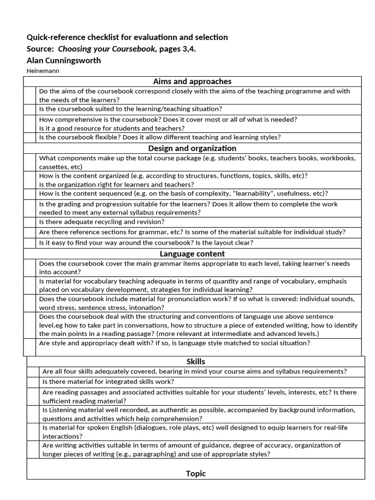 Choosing Your Coursebook Checklist | PDF | Learning | Reading Comprehension