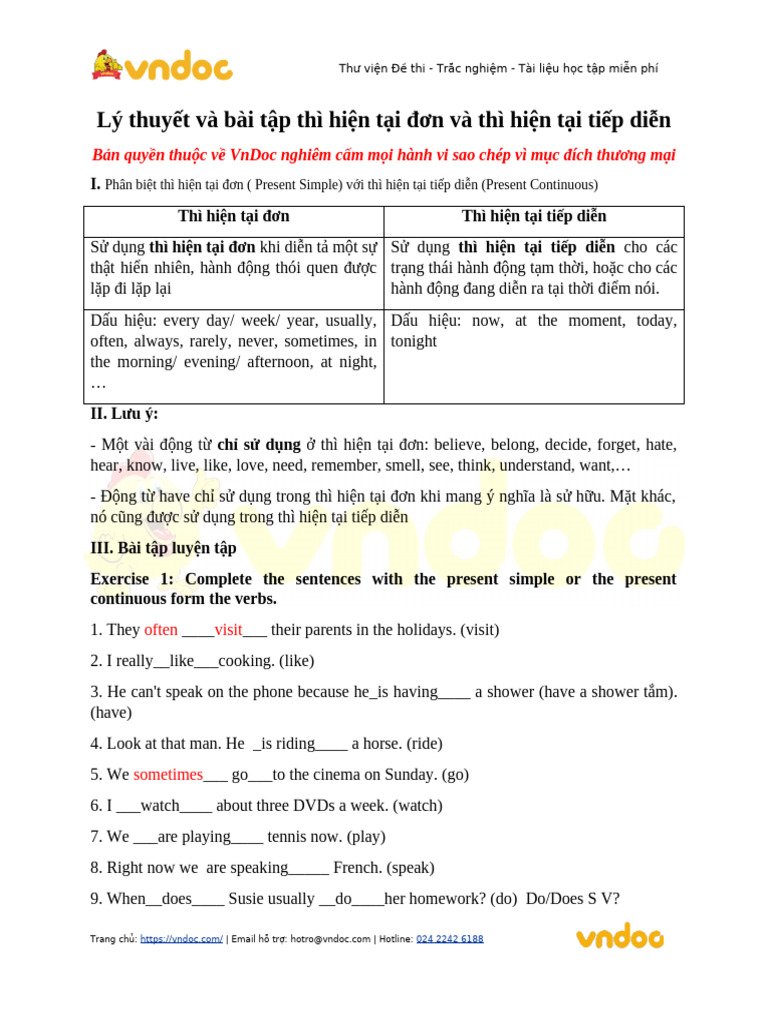 Ly Thuyet Va Bai Tap Thi Hien Tai Don Va Hien Tai Tiep Dien | PDF