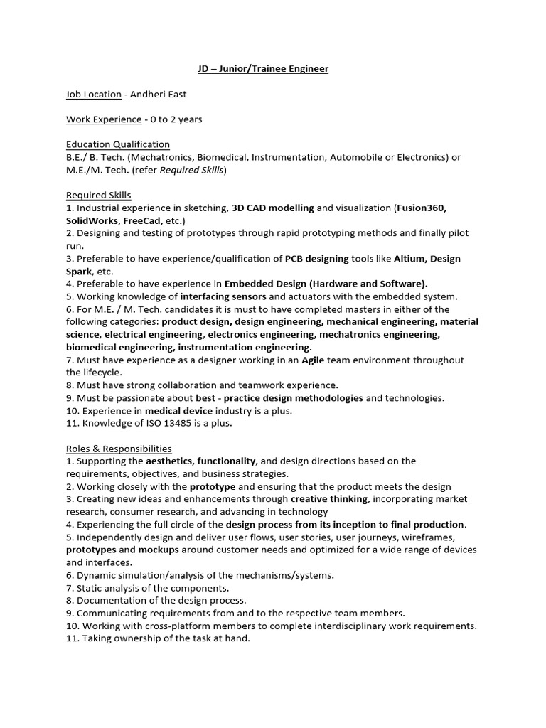 JD - Trainee Engineer | PDF