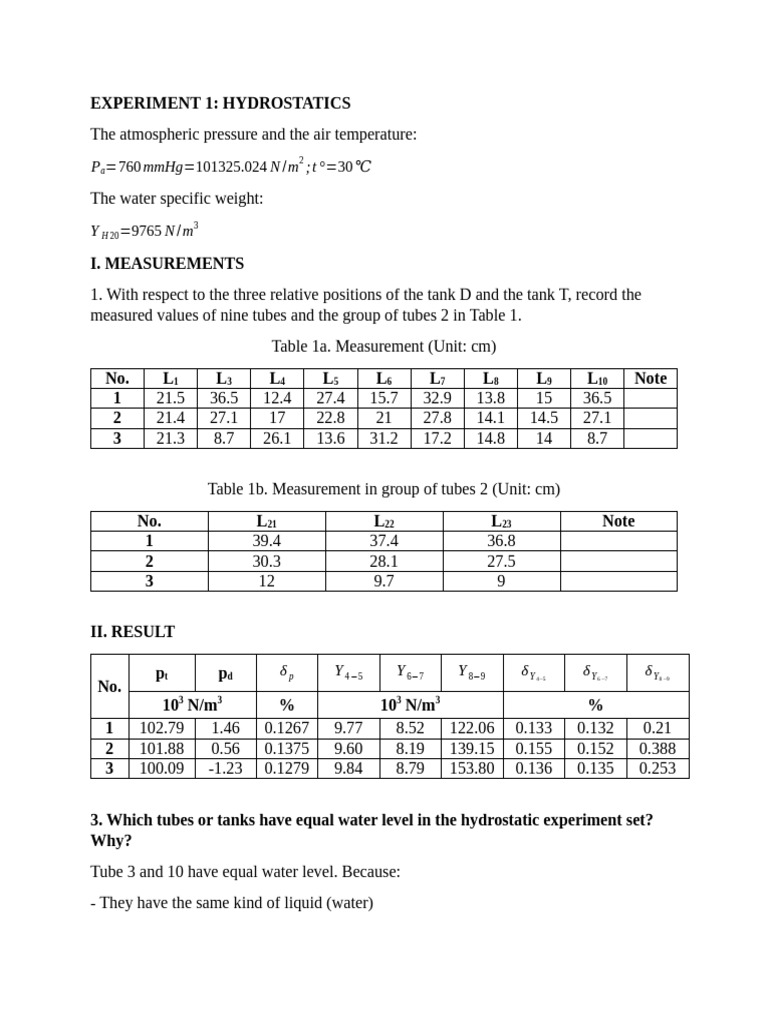 Experiment 1 Hydrostatics | PDF | Pressure | Water