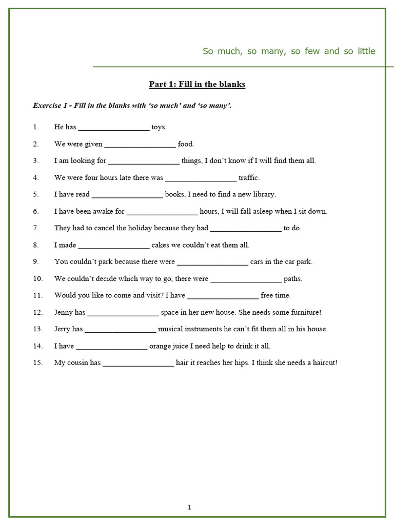 Grammar Exercise So Much Many Few Little 465465798 | PDF
