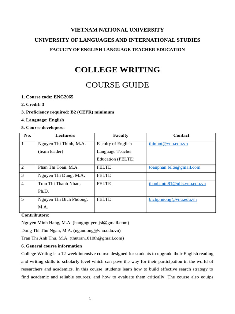 College Writing_Course guide updated BK Summer 2024 (12-week syllabus ...