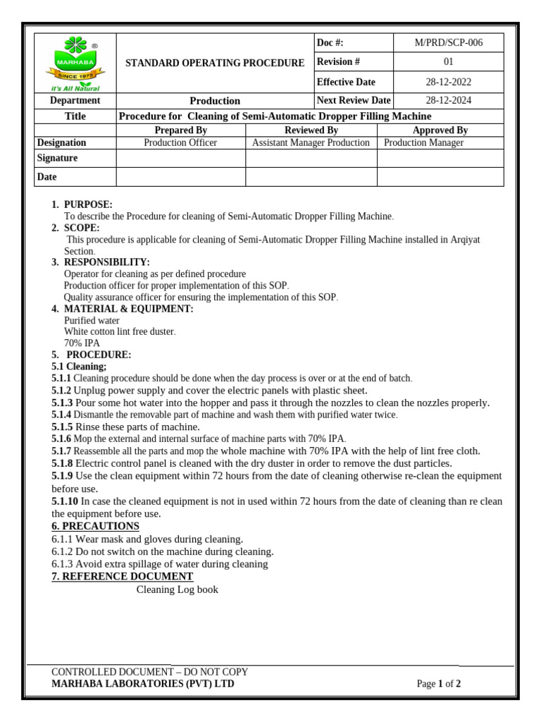 CLEANING SOPS OF Semi Automatic Dropper Filling Machine | PDF