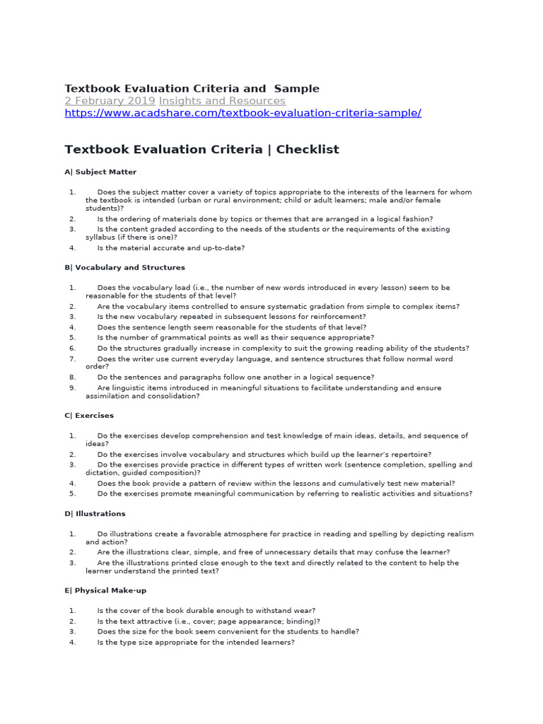 Textbook Evaluation Criteria and Sample | PDF | Teachers | Learning