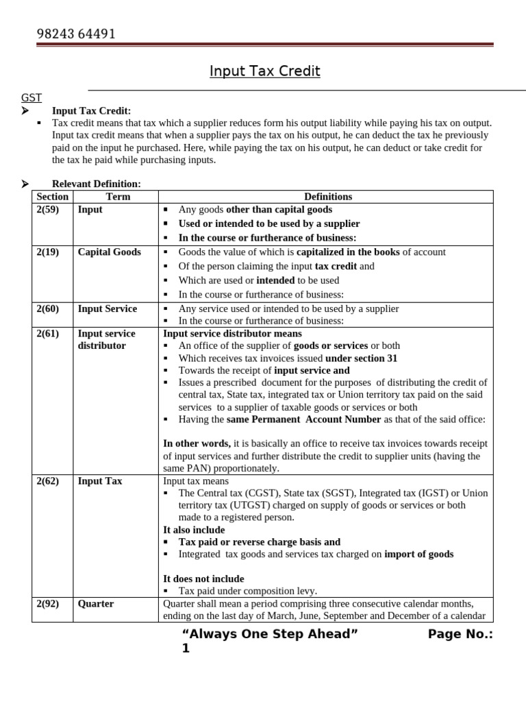 GST - Input Tax Credit | PDF | Value Added Tax | Taxes