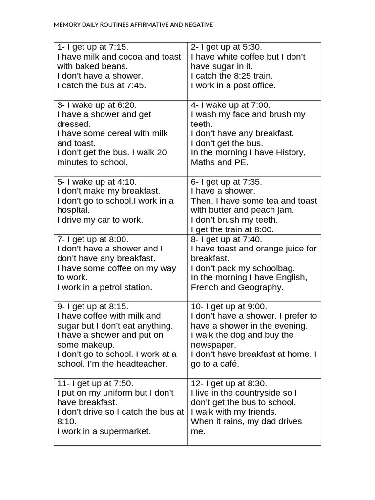 Daily Routines Affirmative and Negative Memory Cards | PDF