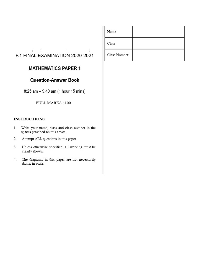 20 21 f.1 Maths Final Exam Paper 1 | PDF | Significant Figures | Numbers