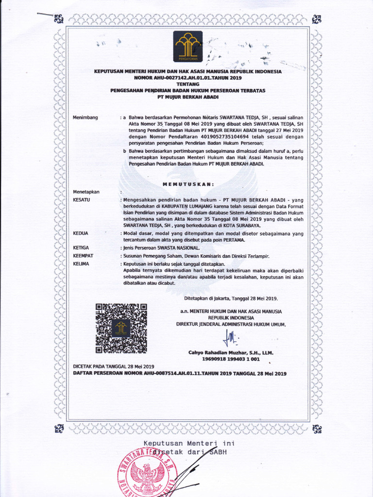 Sk menkumham PT. MBA | PDF