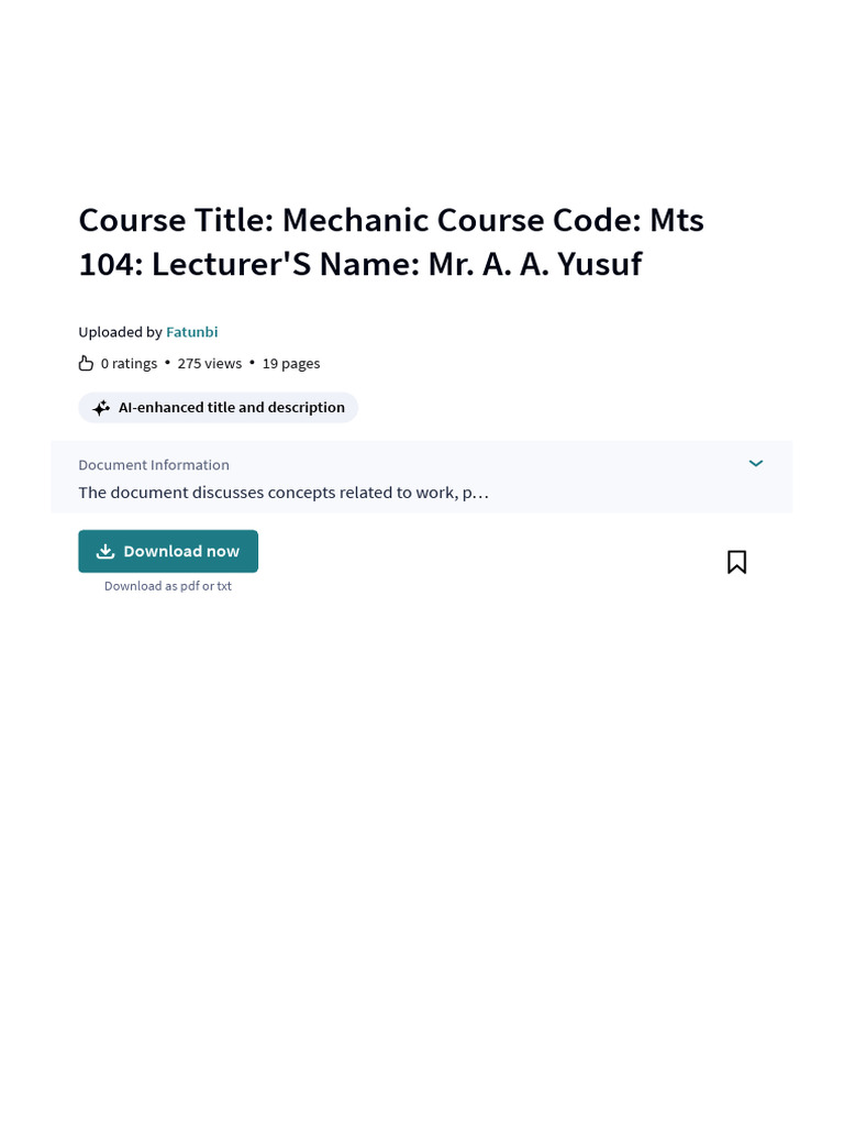 Course Title - Mechanic Course Code - Mts 104 - Lecturer'S Name - Mr. A. A. Yusuf | PDF | Scribd ...