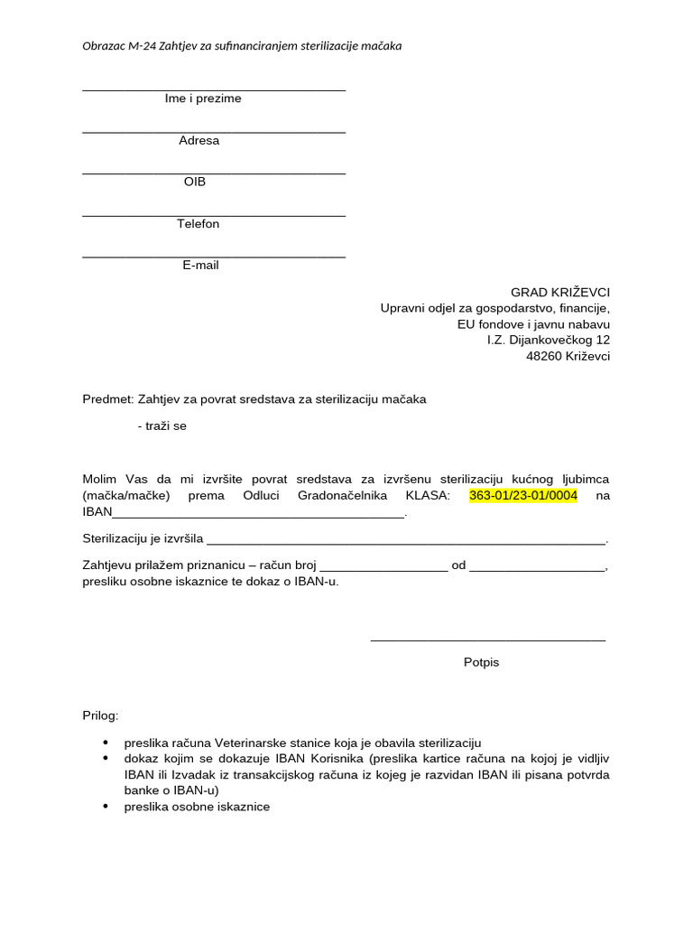 Obrazac M 24 Zahtjev Za Povrat Sredstava Za Steril (0968) | PDF