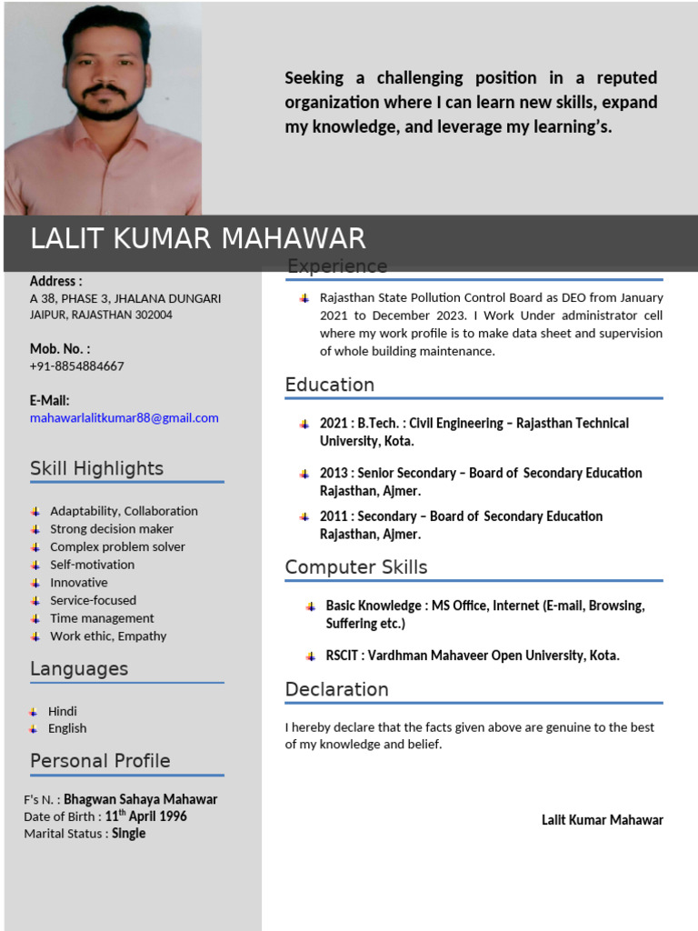 Lalit Kumar Mahawar: Experience | PDF