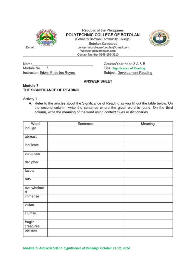MODULE 7 Significance of Reading ANSWER SHEET | PDF