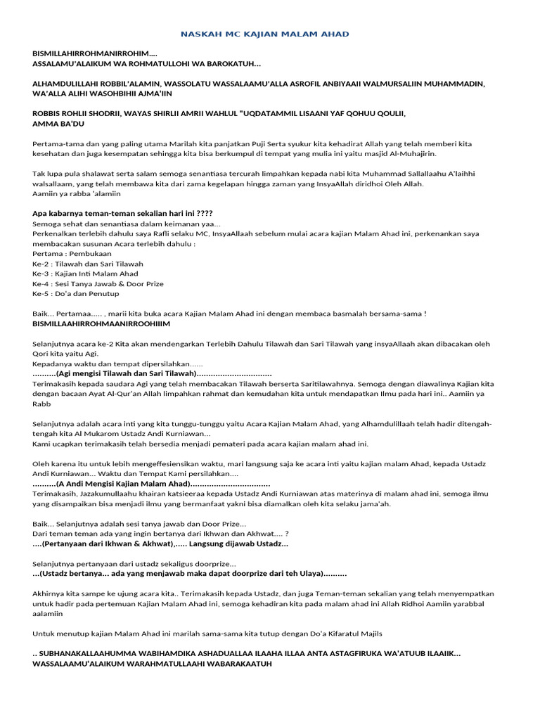 Naskah MC Kajian Malam Ahad | PDF