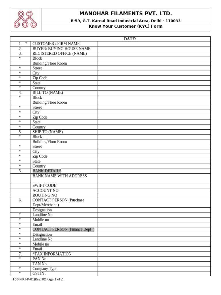 F03 (MKT-P-01) - Know Your Customer (KYC) Form - Rev 02 | PDF | Payments