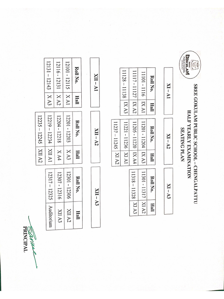 Class XI and XII - Half Yearly Examination - Seating Plan | PDF