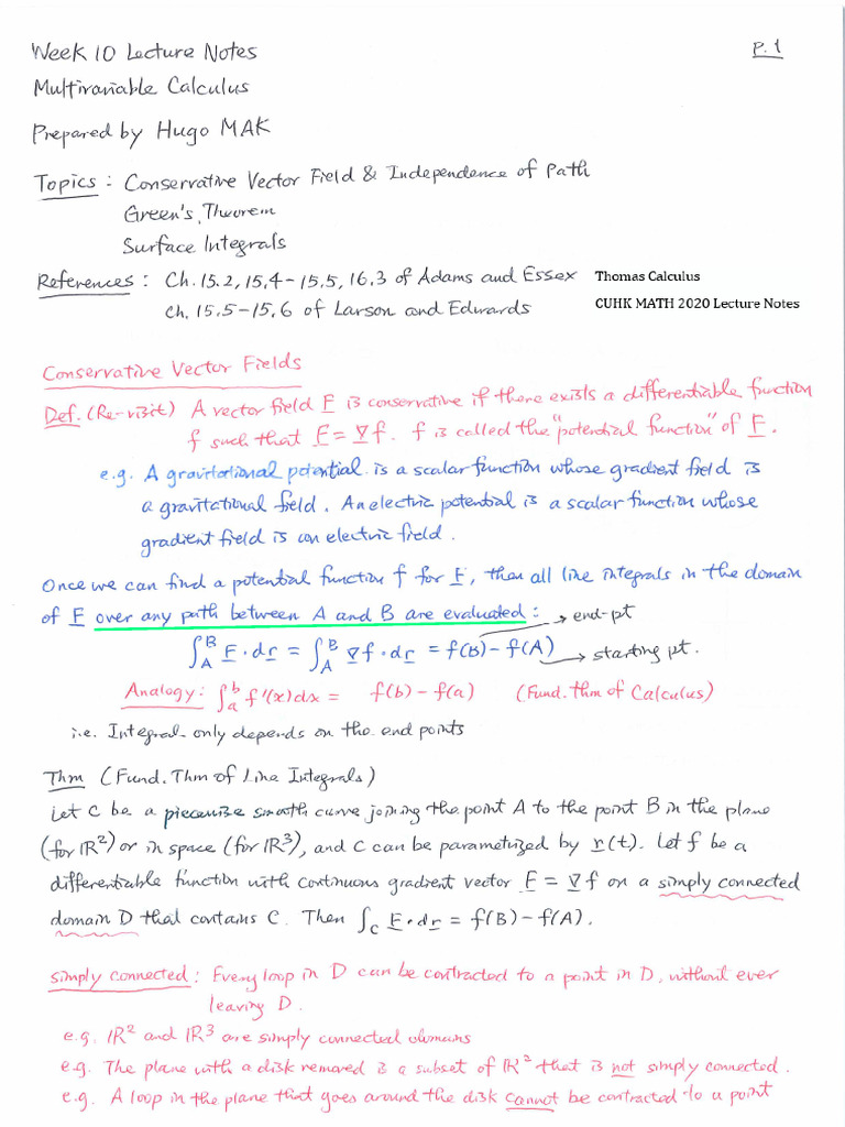 Week 10 Lecture Notes v2 (Conservative Vector Field, Green's Theorem) | PDF