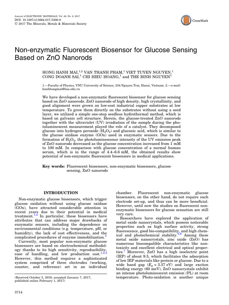 Non-Enzymatic Glucose Biosensor Using ZnO | PDF | Zinc Oxide | Biosensor
