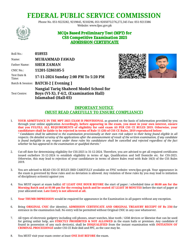 Online - Fpsc.gov - PK FPSC Css Prelim Exam 2025 BK Reports Css MPT Ac ...