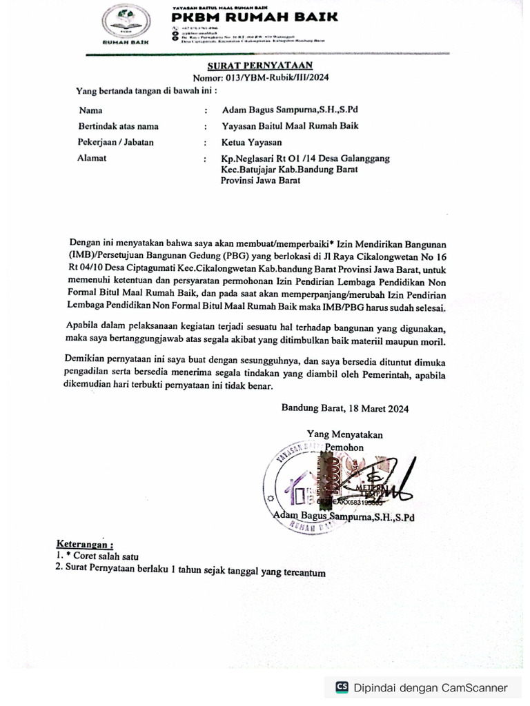 Surat Pernyataan IMB YBM | PDF