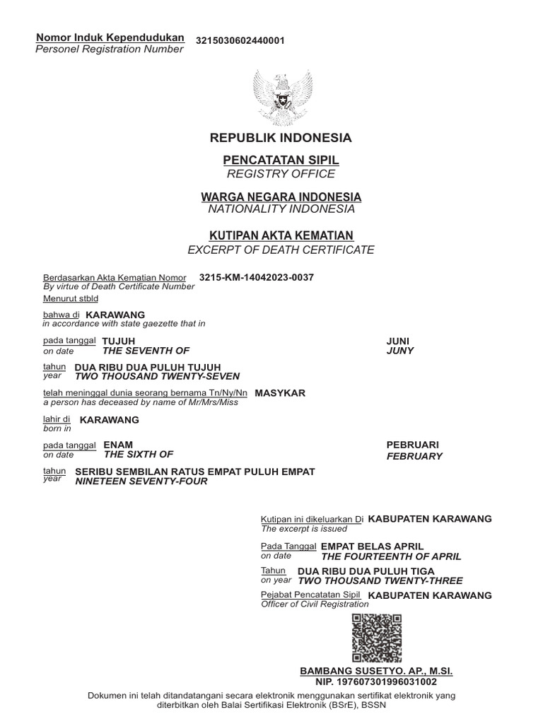 Akta Kematian Euis Masykar | PDF