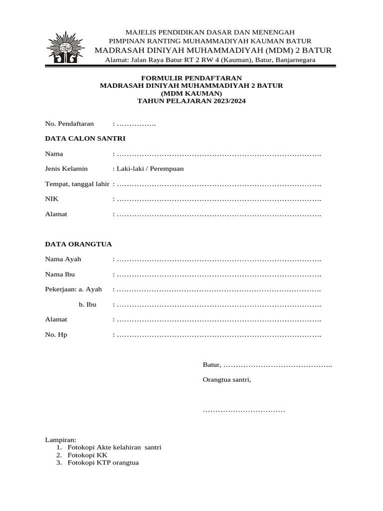 Fotocopy Formulir PPDB MDM 2 Batur | PDF