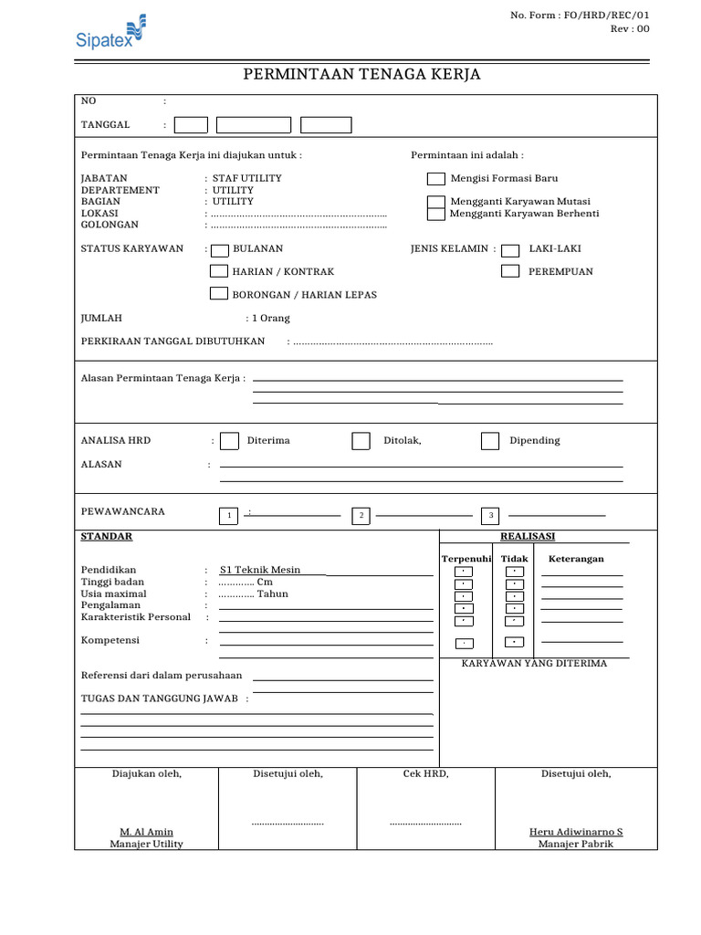 FORM.HRD.REC.01_PERMINTAAN TENAGA KERJA-Staf Produksi | PDF