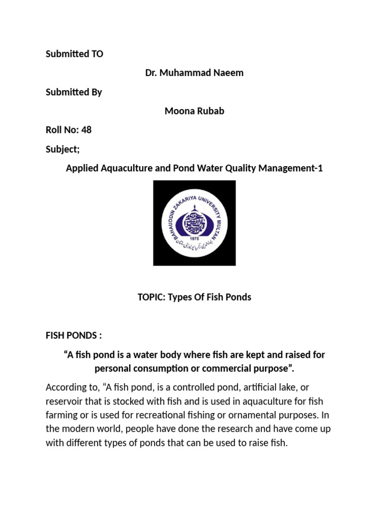 Types of Fish Ponds ROLL NO 48 | PDF | Pond | Concrete
