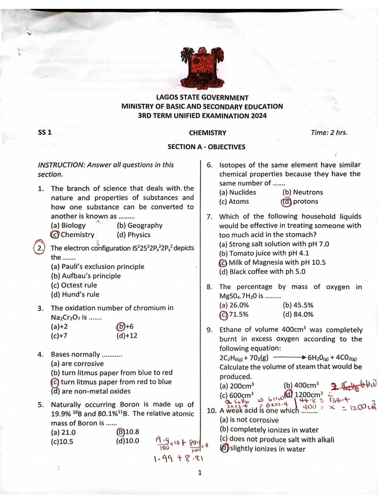 SSS1 Chemistry 3RD Term Marking Guide | PDF