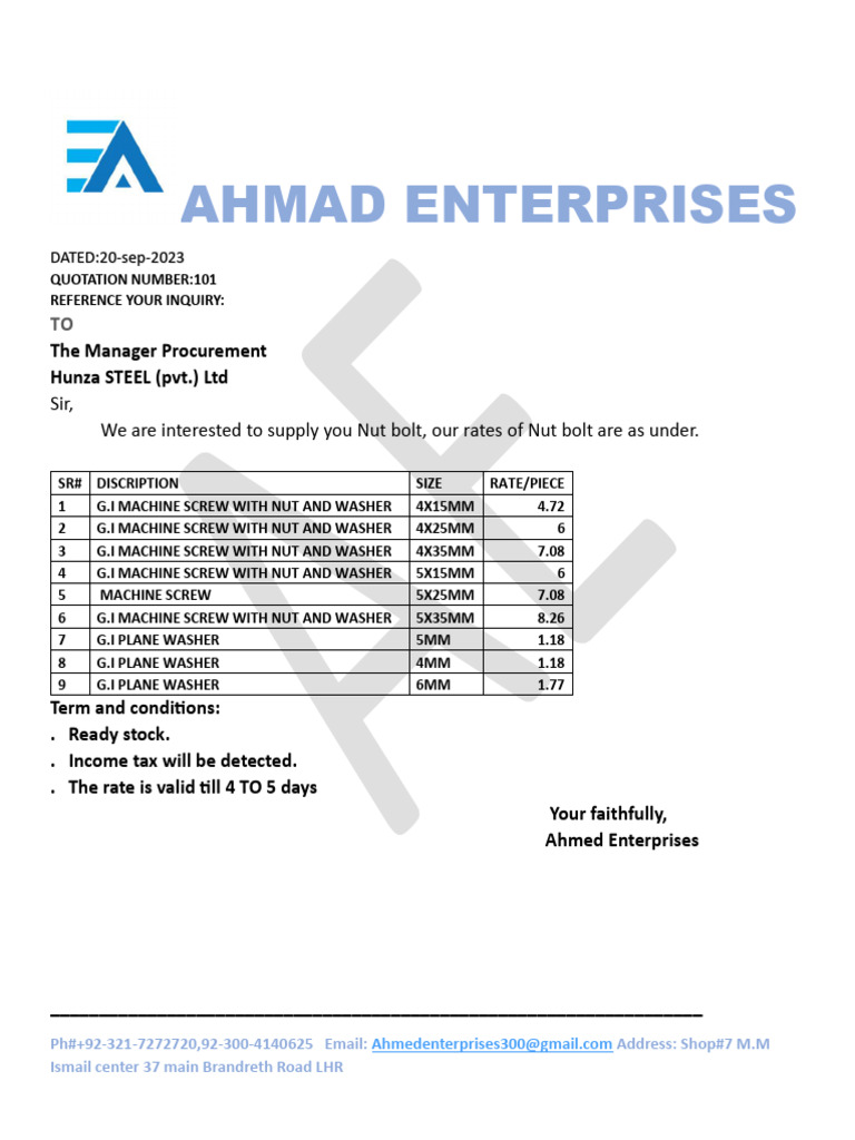 QUOTATION # 101; HUNZA STEEL | PDF