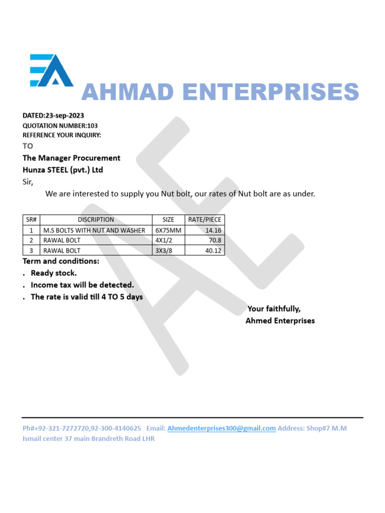 QUOTATION # 103; HUNZA STEEL | PDF