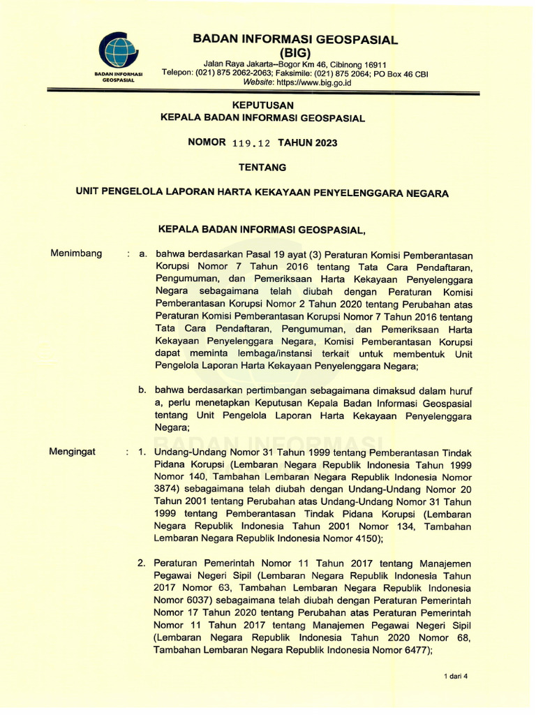 Kep KaBIG 119.12 2023 Unit Pengelola LHKPN | PDF