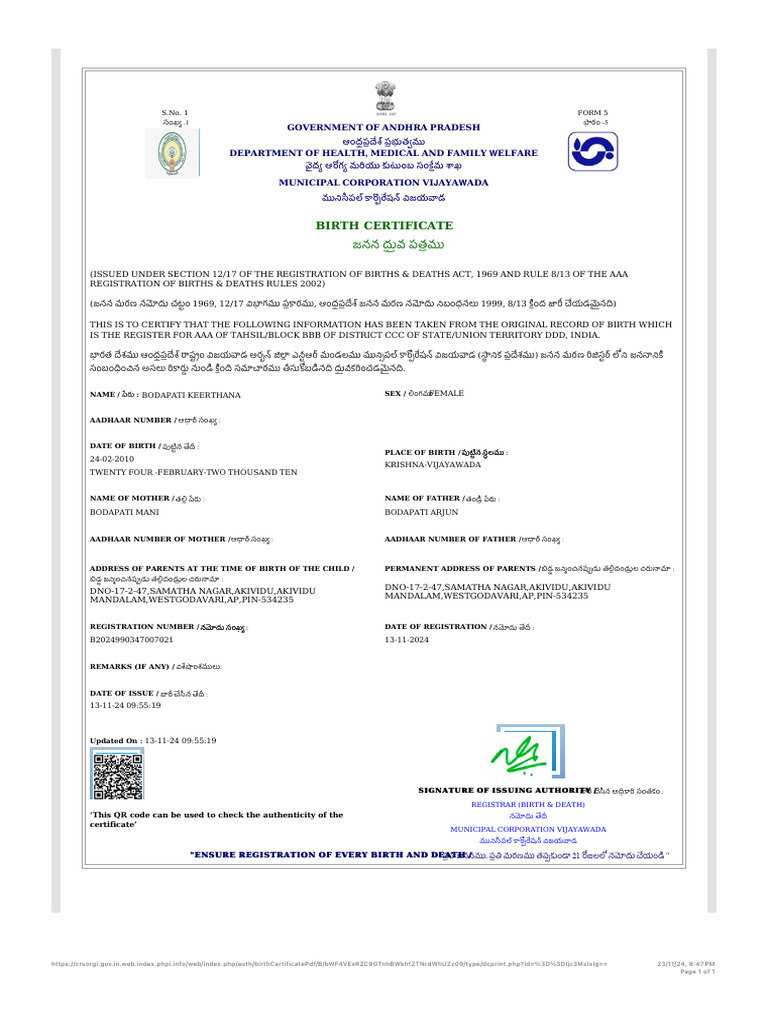 Bodapati Keerthana Birth | PDF | Privacy | Document
