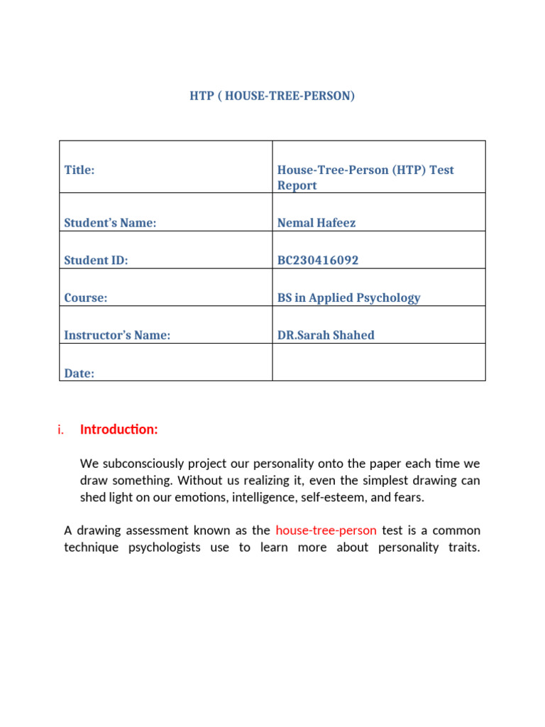 HTP Report | PDF | Art Therapy | Psychology