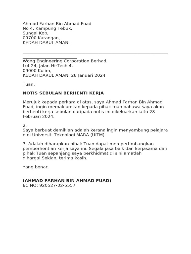 Notis Berhenti Kerja Pdf