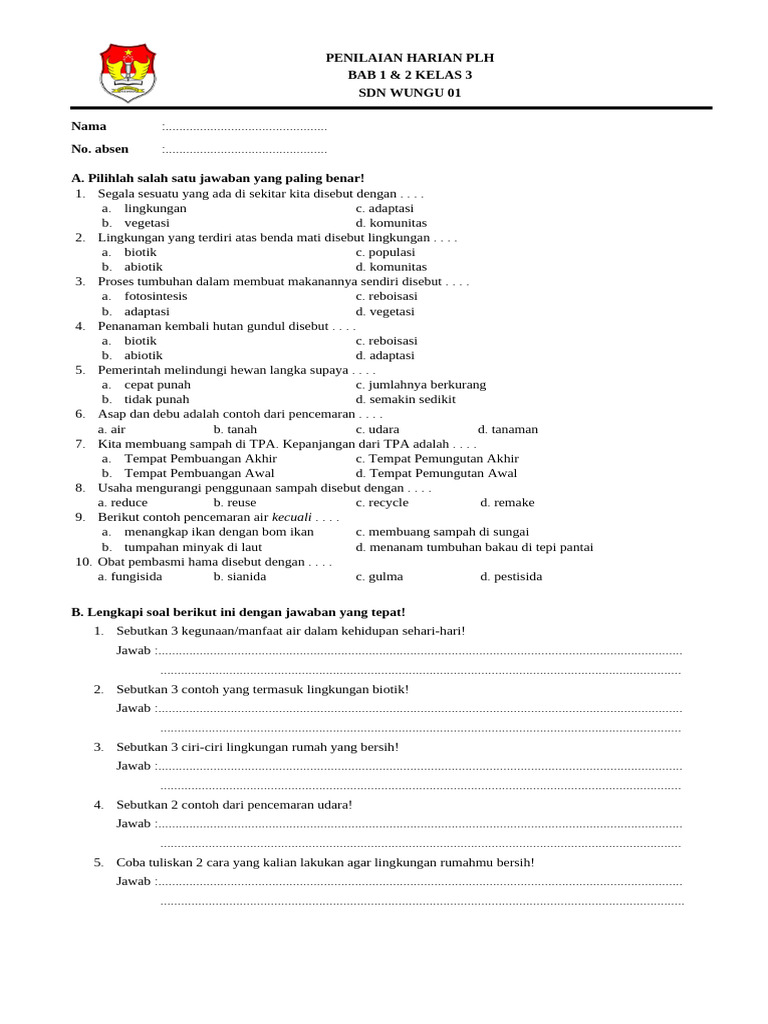 PENILAIAN HARIAN PLH kls 3 | PDF