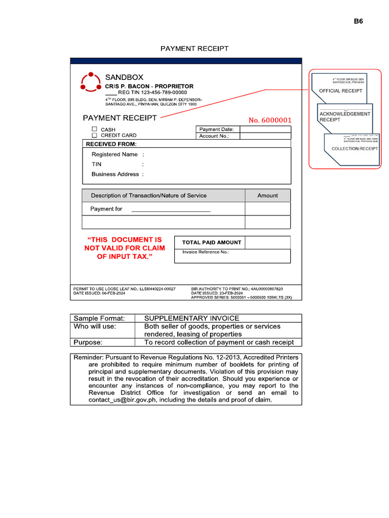 Sample Invoices Bir-Payment Receipt | PDF