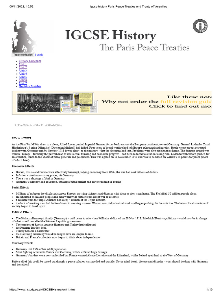 Igcse History Paris Peace Treaties and Treaty of Versailles | PDF ...