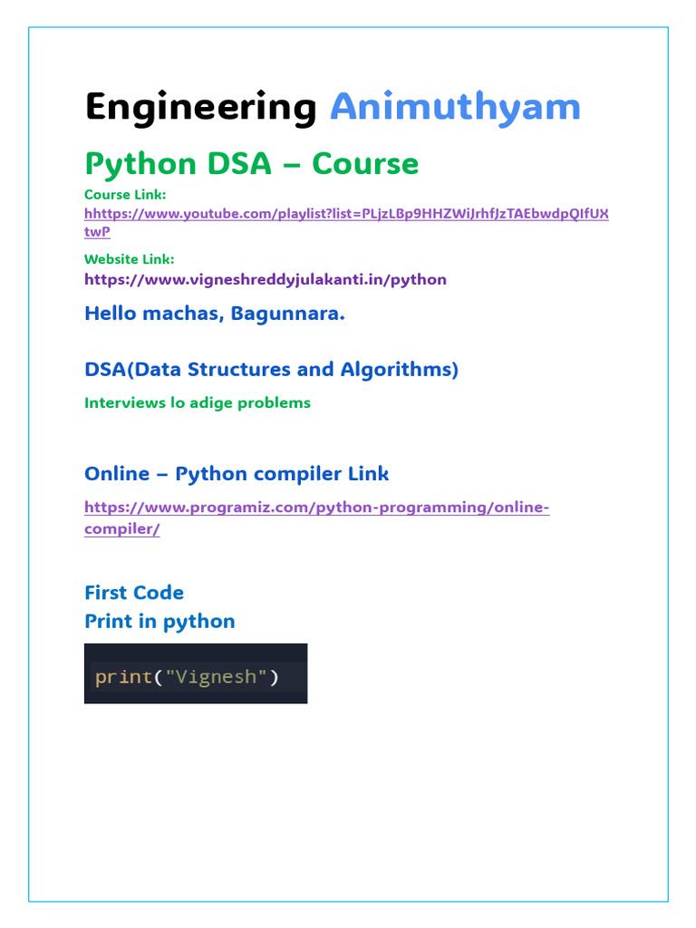 DSA Engineering Animuthyam Python 1 | PDF