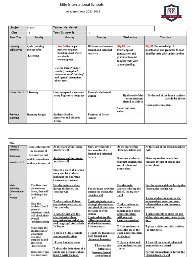 New English Weekly Plan Year 3 Week 5 | PDF | Cognitive Science | Cognition
