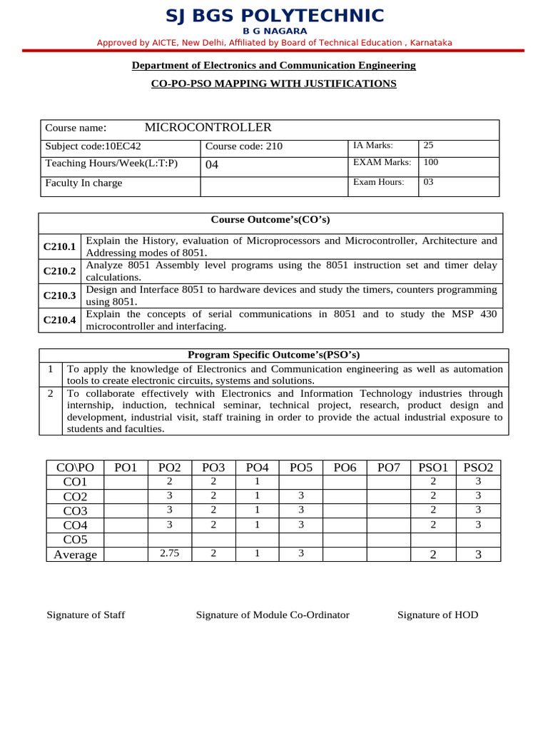 CO-PO-PSO Mapping Justification | PDF | Microcontroller | Integrated ...