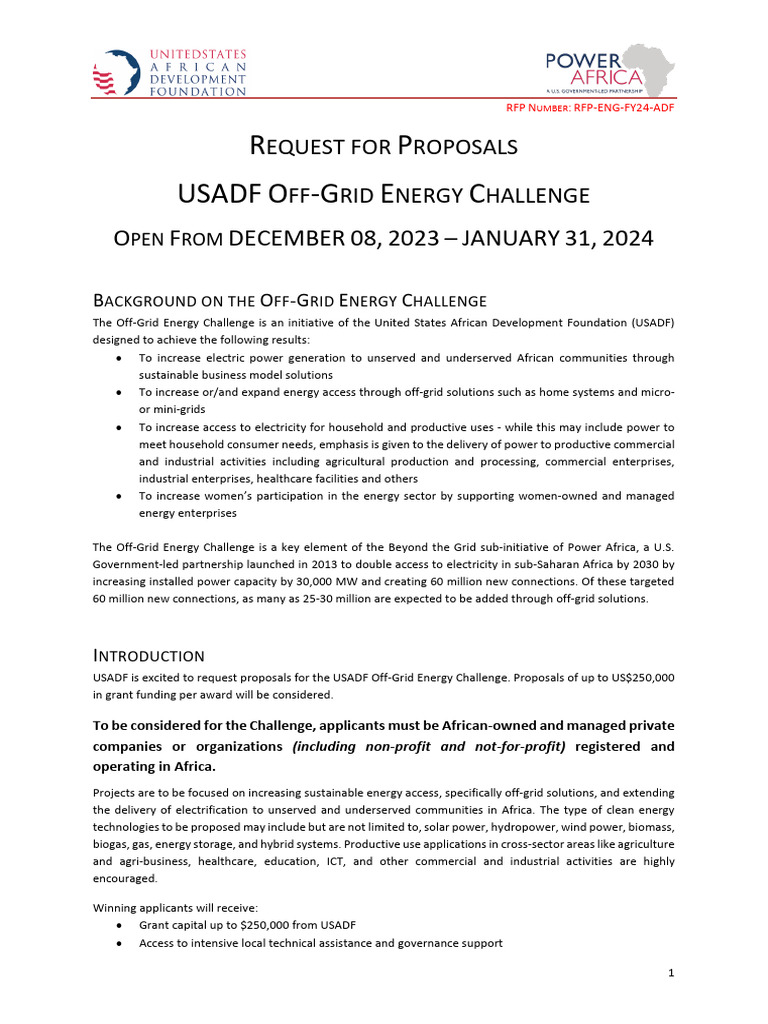USADF Off-Grid Energy Challenge FY24 RFP - FINAL | PDF | Off The Grid ...