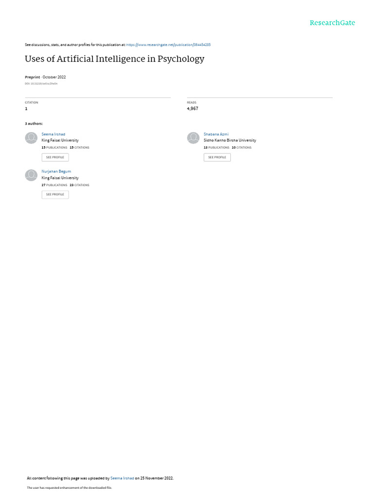 Usesof Artificial Intelligencein Psychology | PDF | Psychology ...