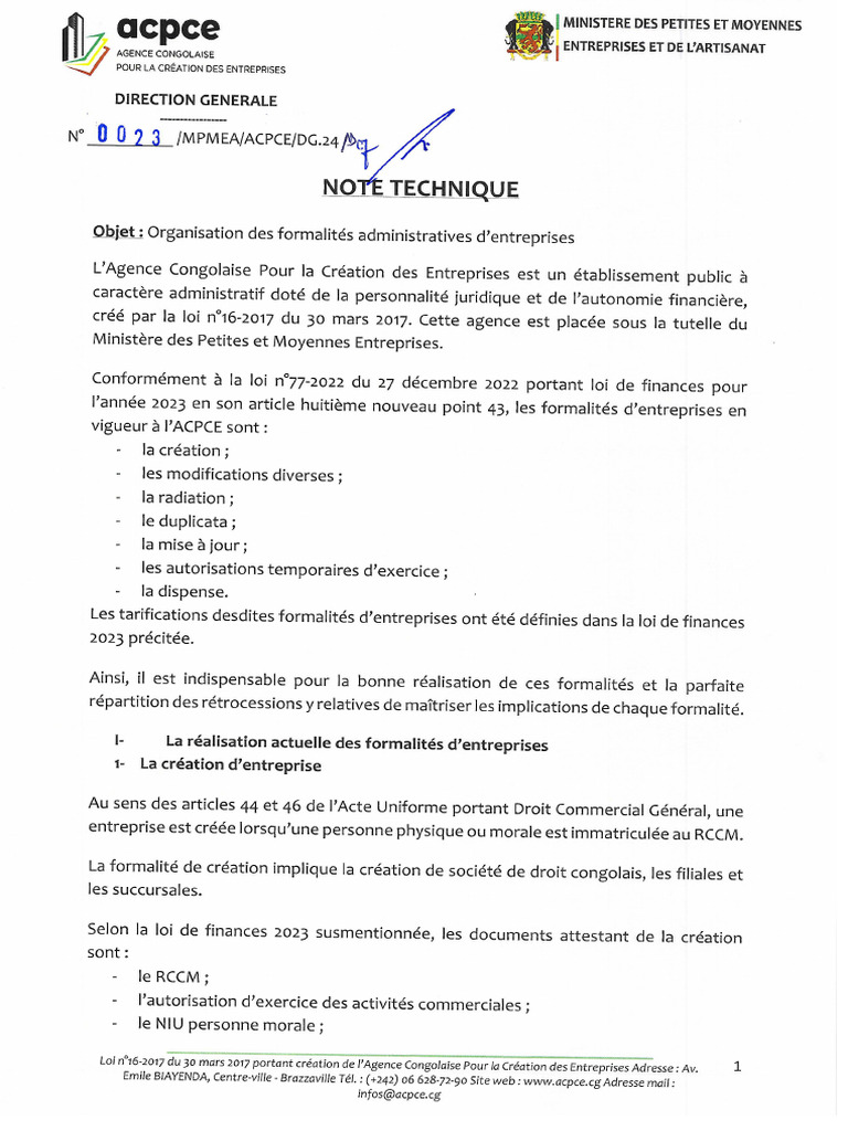 Note Technique Organistion Des Formalites Administratives Dentreprises ...