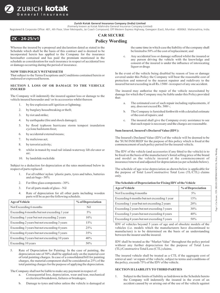 Car Secure Policy Wording ZK v1 24 25 06062024 | PDF | Indemnity ...