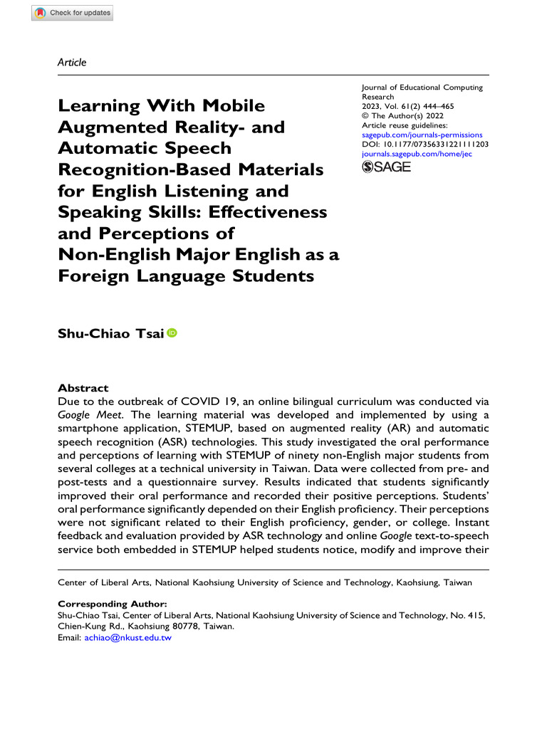 Learning With Mobile Augmented Reality - and Automatic Speech Recognition-Based Materials | PDF ...