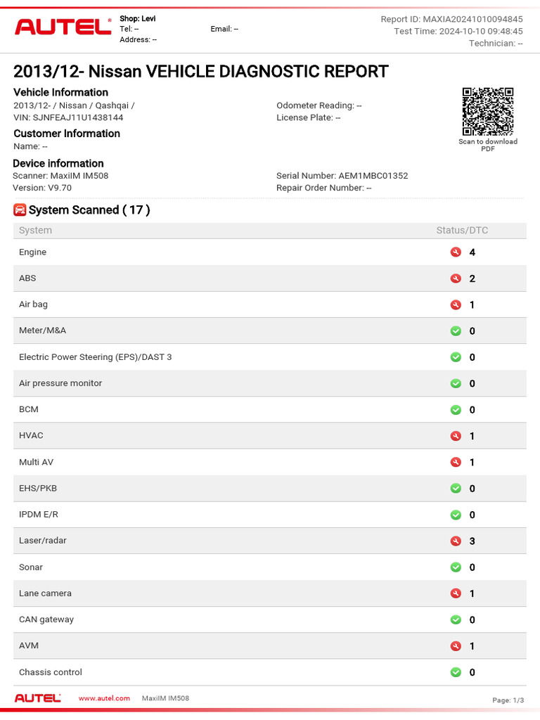 Nissan Qashqai Diagnostic Report | PDF | Vehicles | Equipment