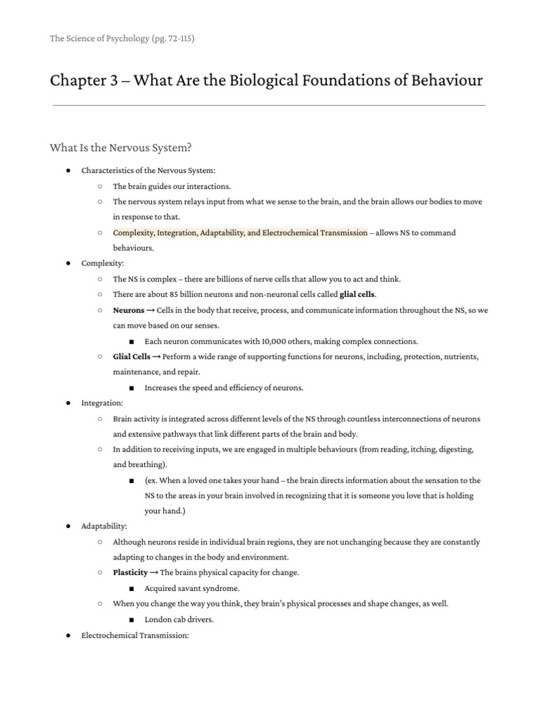 PSY100 - Chapter 3 - Biological Foundations in Behaviour | PDF ...