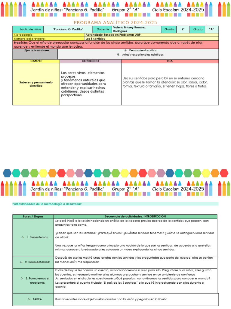 Planeacion Preescolar 5 Sentidos | PDF | Educación de la primera infancia