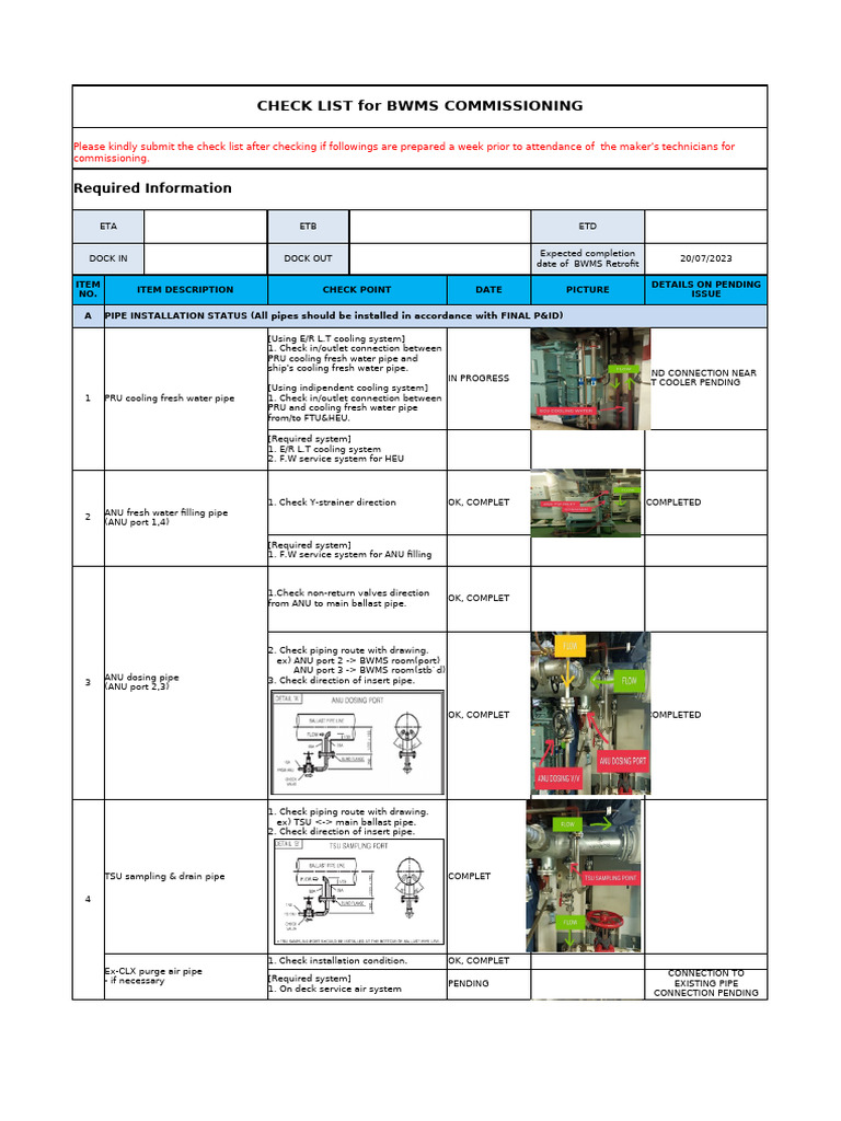BWMS Commissioning Checklist | PDF | Electricity | Manufactured Goods